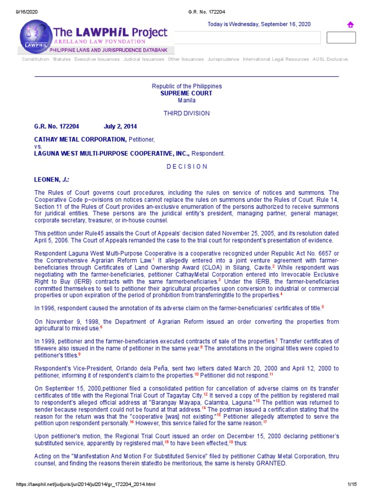 Cathay Metal Corp. vs. Laguna West Coop | PDF | Lawsuit | Summons
