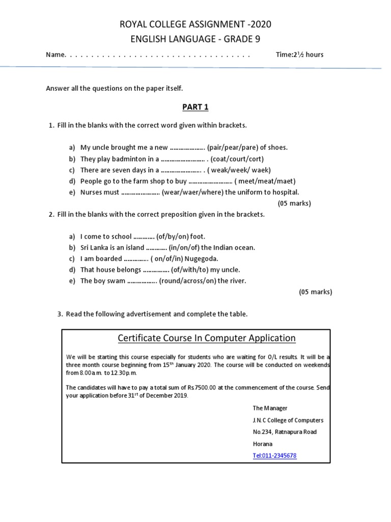 Royal College Assignment - 2020 English Language - Grade 9 | PDF | Kitten