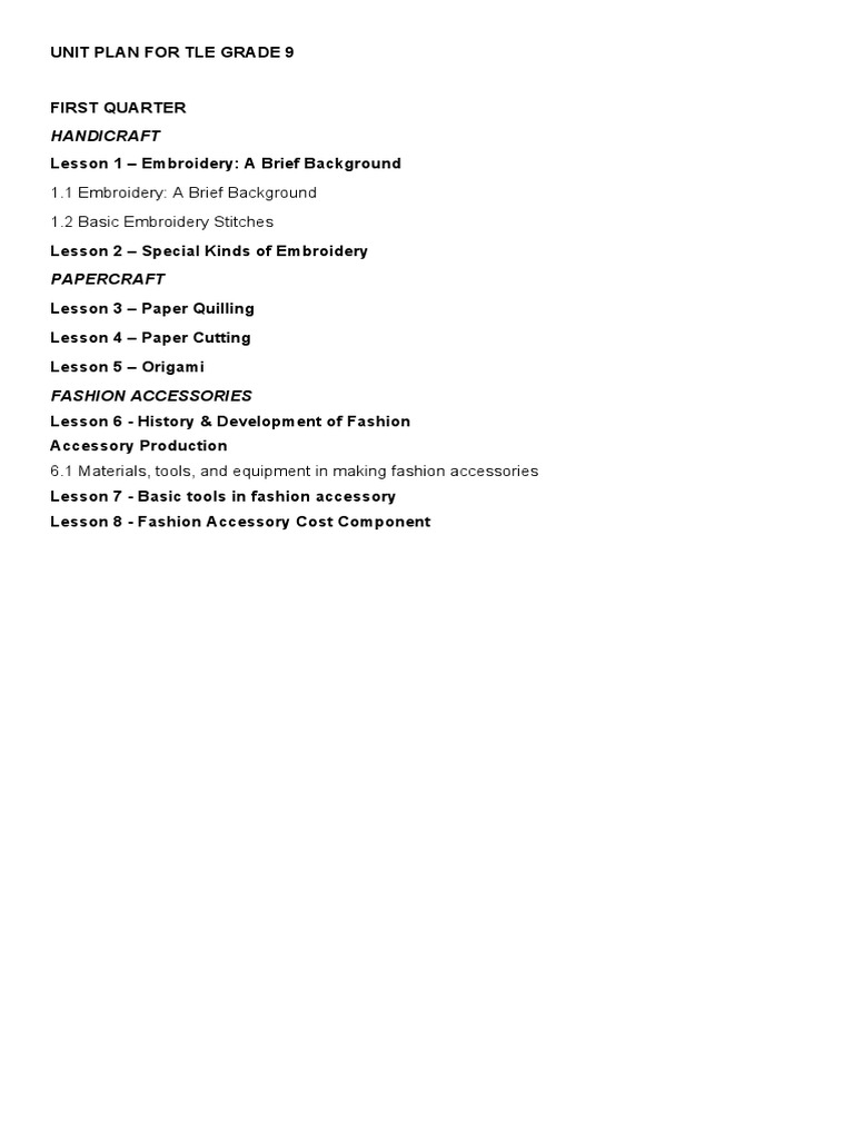 TLE Grade 9 Unit Plan: First Quarter | PDF