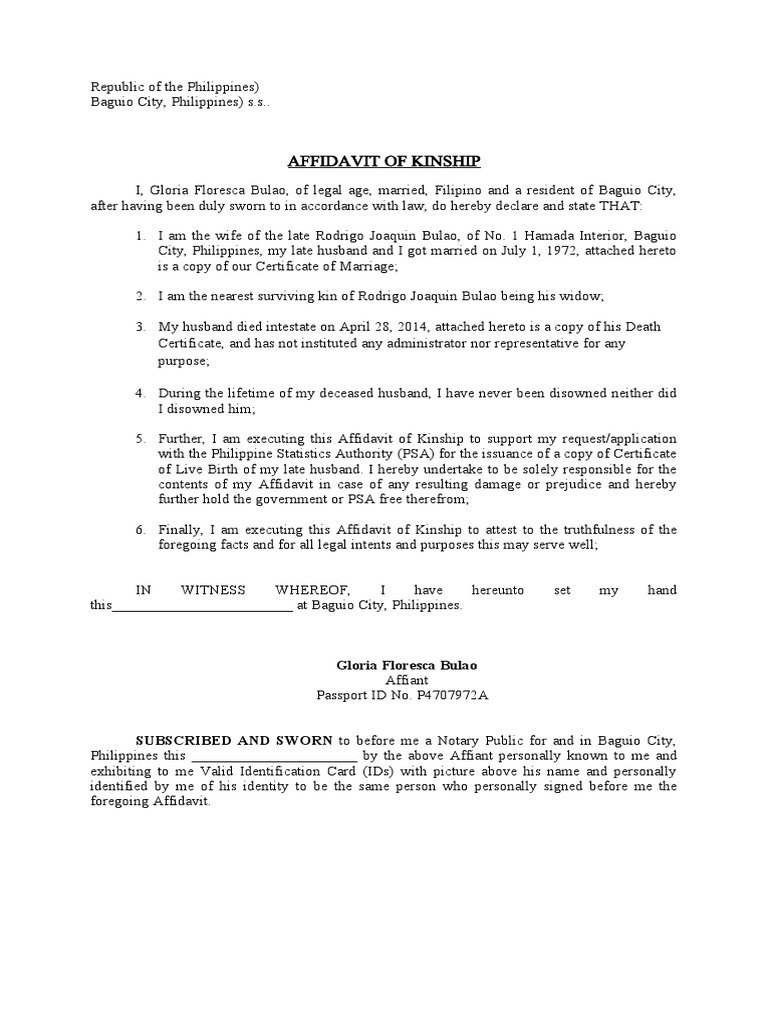 Affidavit of Kinship: Gloria Floresca Bulao | PDF