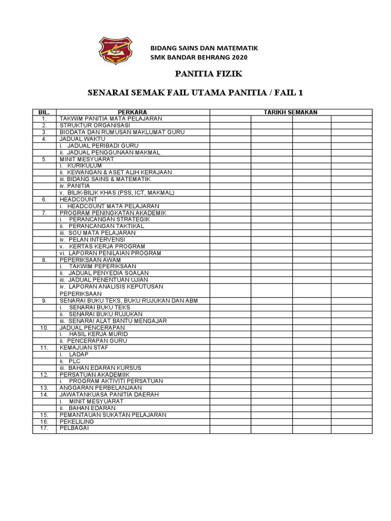 Senarai Semak Fail Utama Panitia | PDF
