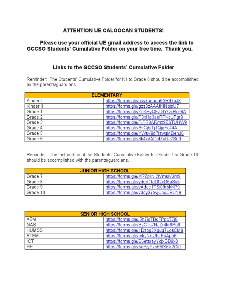 Links To Student Cumulative Record | PDF