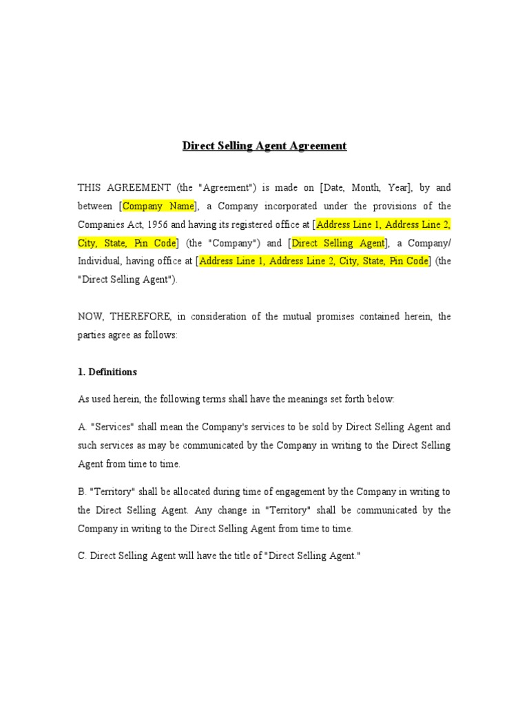 Direct Selling Agent Agreement Overview | PDF | Law Of Agency | Indemnity