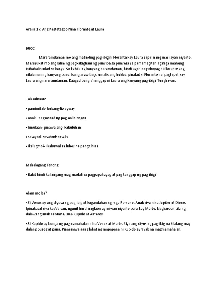 Aralin 17 Sa Filipino (Florante at Laura) | PDF