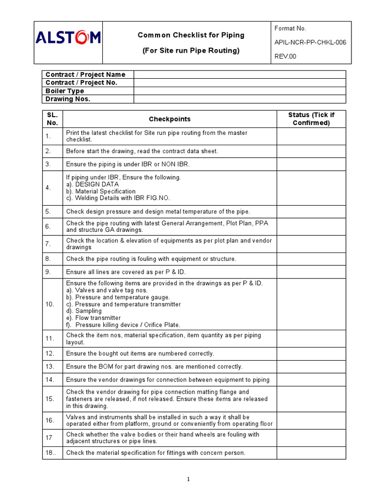 Common Checklist For Piping (For Site Run Pipe Routing) | PDF | Pipe ...