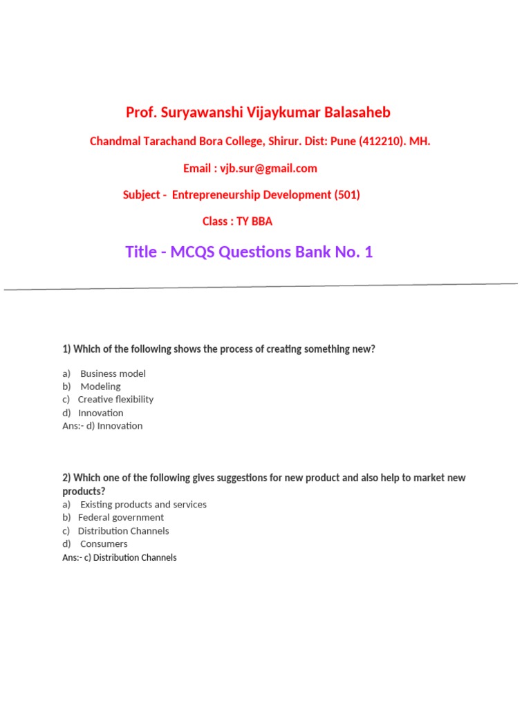 PDF MCQS Question Bank No.1 For TY BBA Subject - Entrepreneurship ...