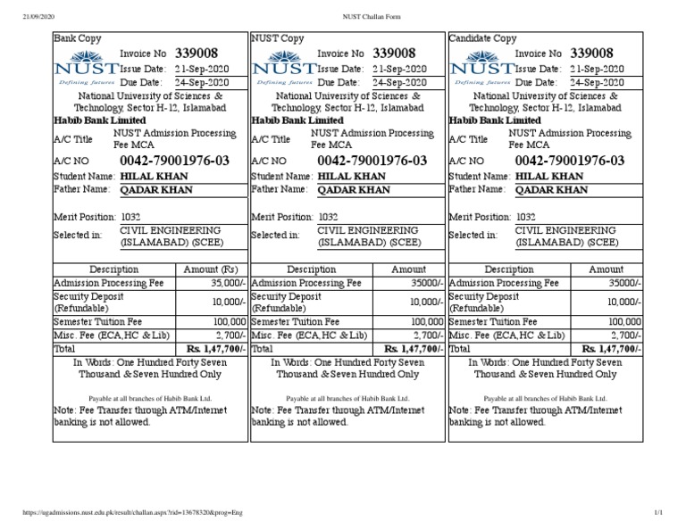 NUST Challan Form | PDF | Fee | Financial Services
