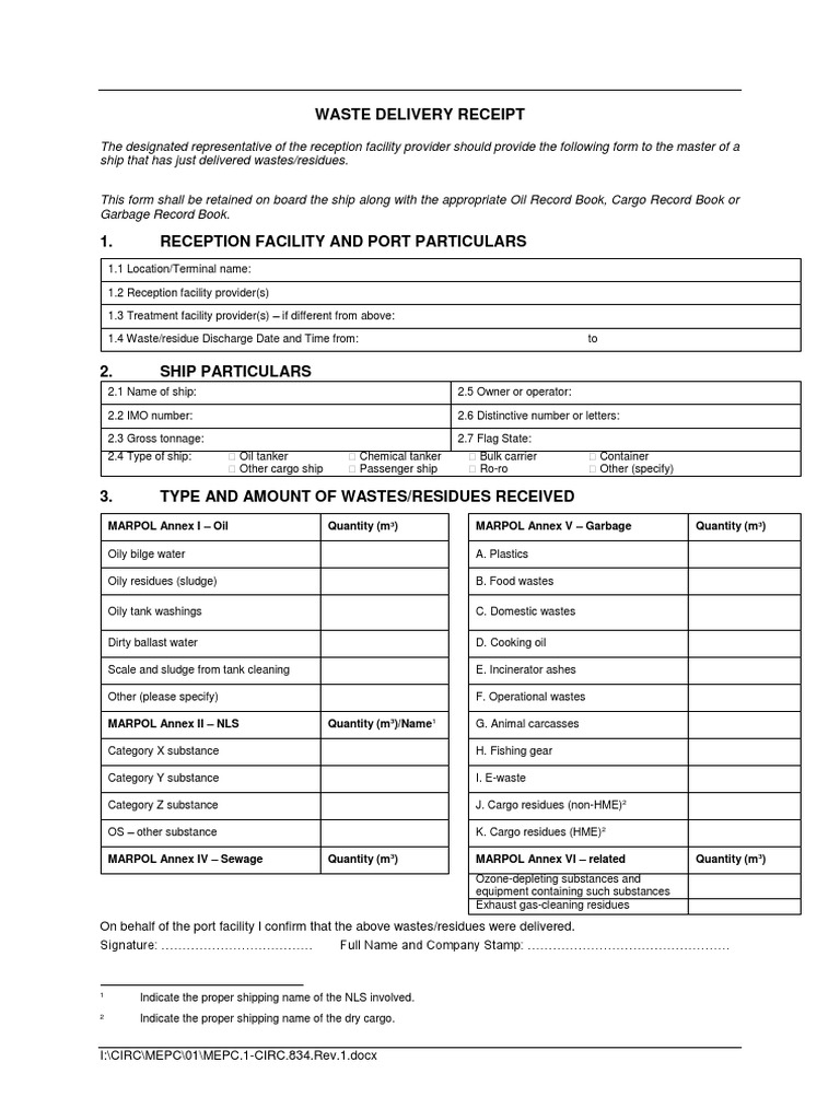 Waste Delivery Receipt: Marpol Annex I - Oil Quantity (M) Marpol Annex ...