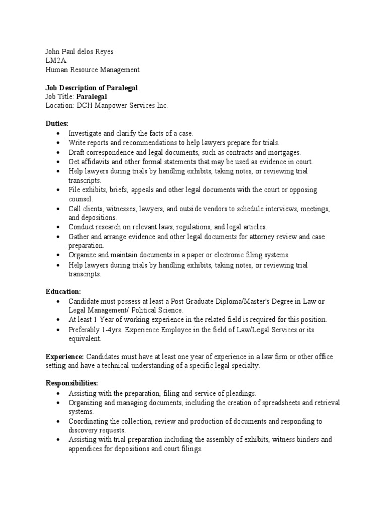 Job Description of Paralegal | PDF | Paralegal | Lawyer