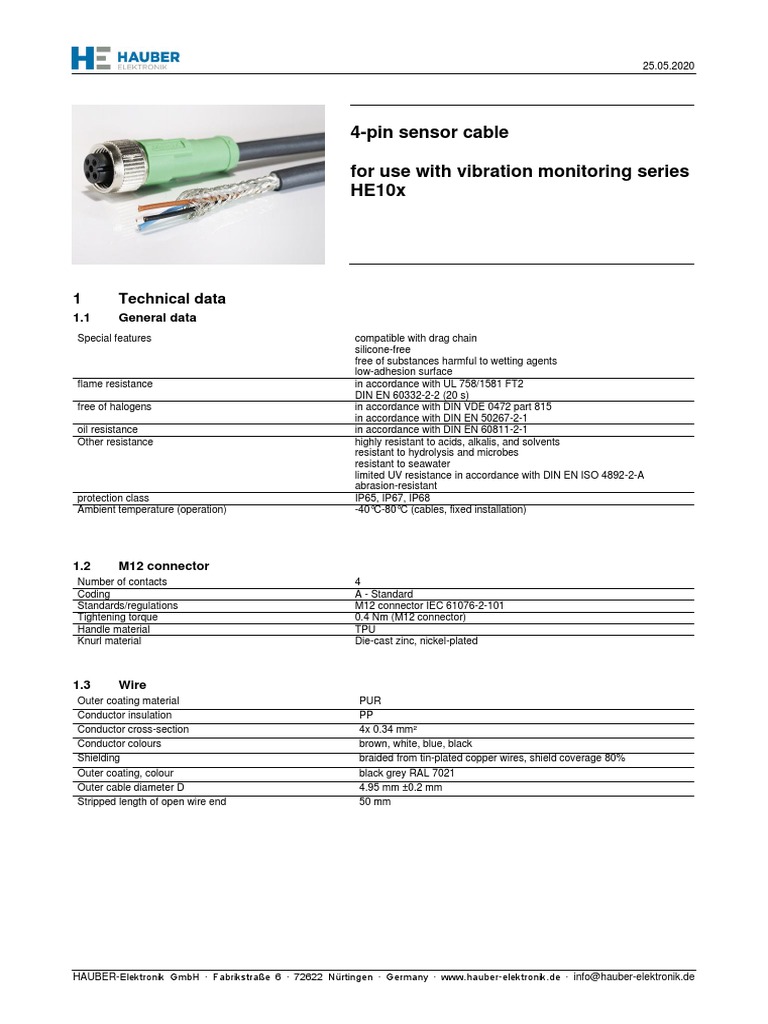 4-Pin Sensor Cable For Use With Vibration Monitoring Series HE10x | PDF ...