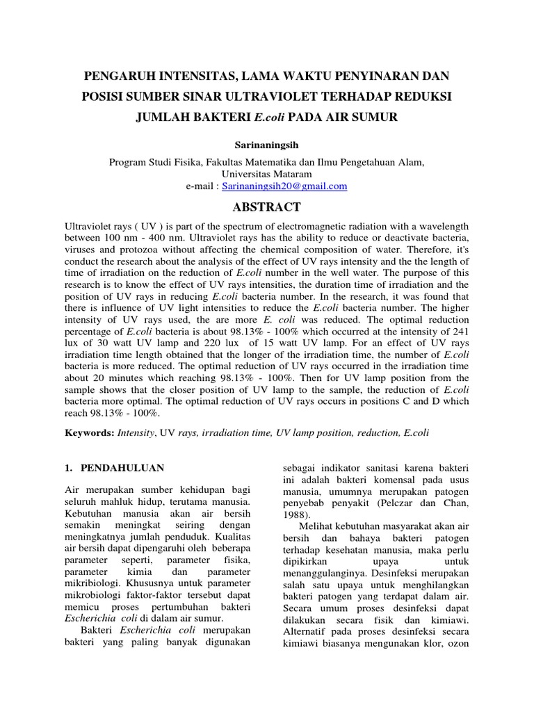 Pengaruh Intensitas, Lama Waktu Penyinaran Dan Posisi Sumber Sinar Ultraviolet Terhadap Reduksi ...