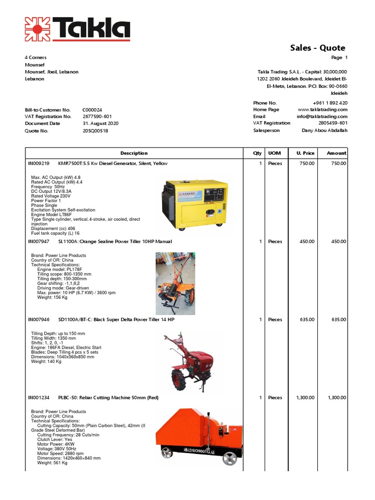 Sales - Quote: Description Qty UOM U. Price Amount | PDF | Engines ...