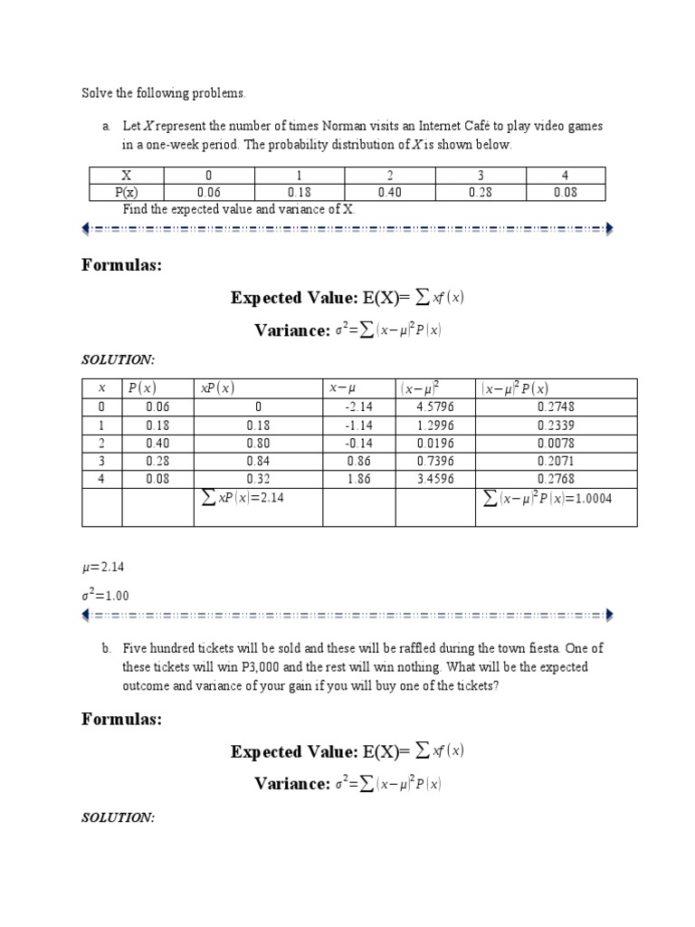Formulas: Expected Value: E (X) = Variance:: xf (x) σ P (x) | Download Free PDF | Expected Value ...