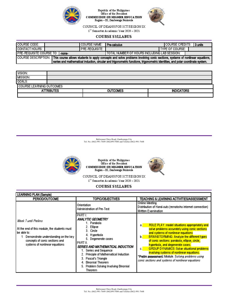 Pre-Calculus Syllabus 2020 | Download Free PDF | Trigonometry | Equations