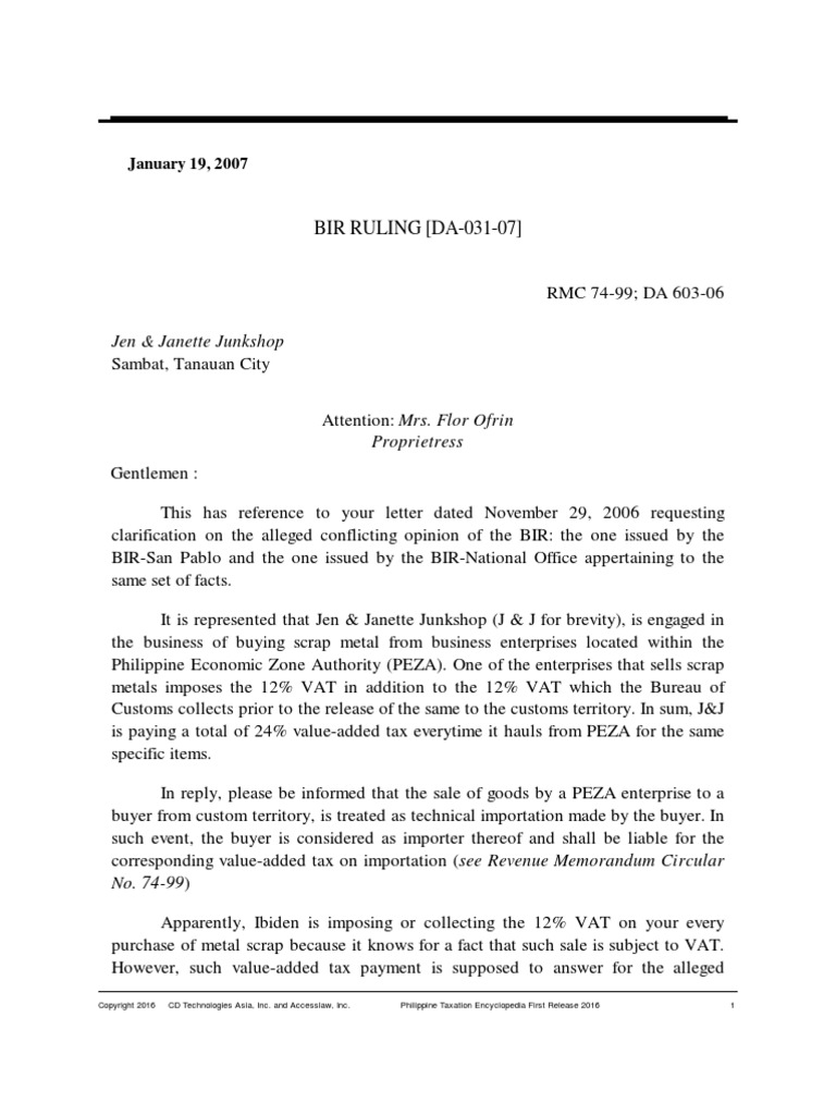 BIR Ruling (DA-031-07) | PDF | Value Added Tax | Customs
