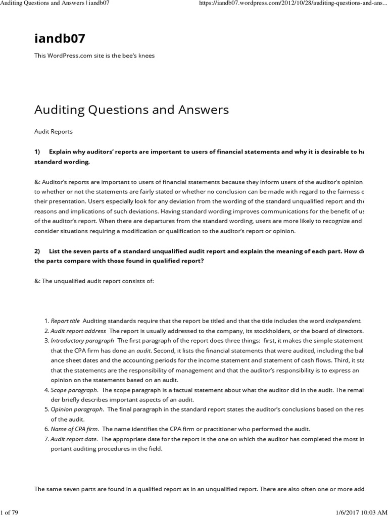 Auditing Questions and Answers: Iandb07 | PDF | Financial Audit ...