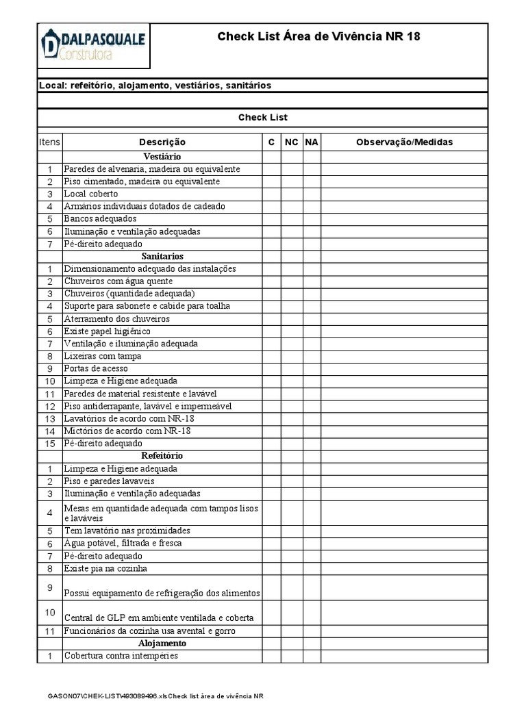 Check List Area de Vivencia NR 18-1 | PDF | Implementos domésticos ...