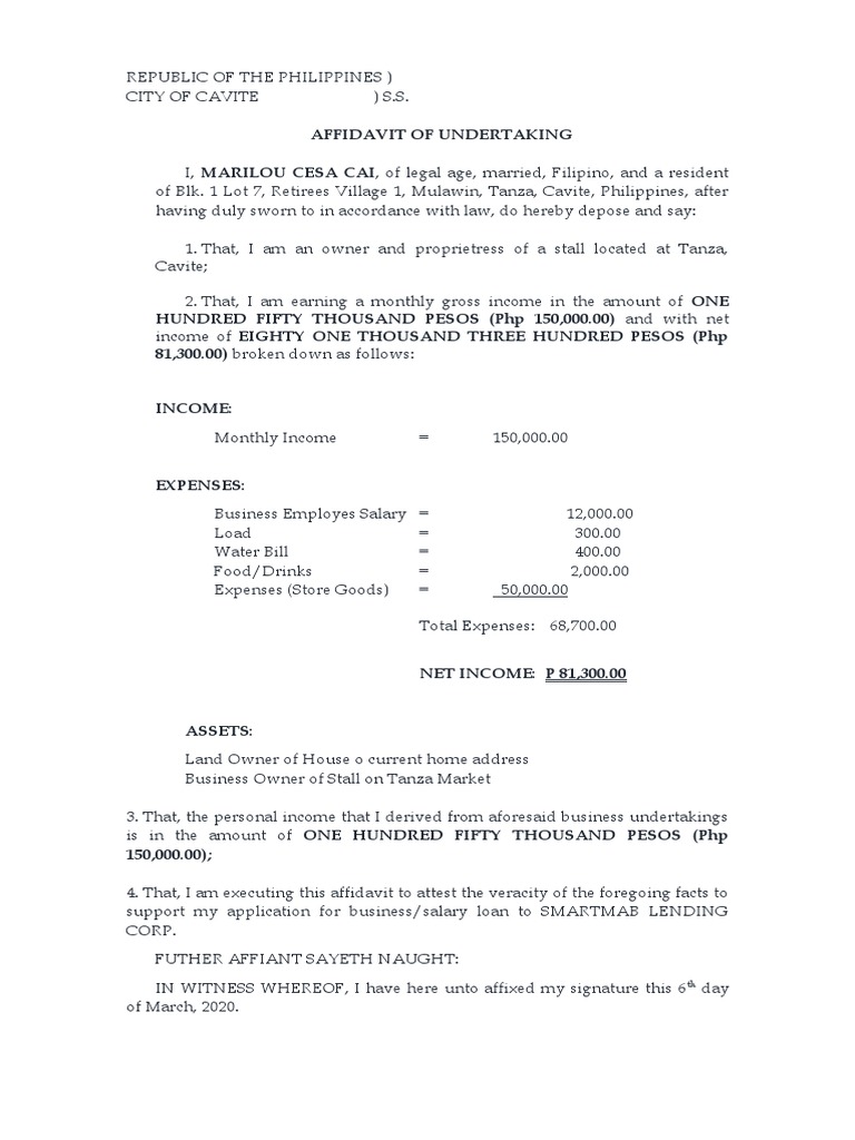 Affidavit (Proof of Income) - Marilou Cai