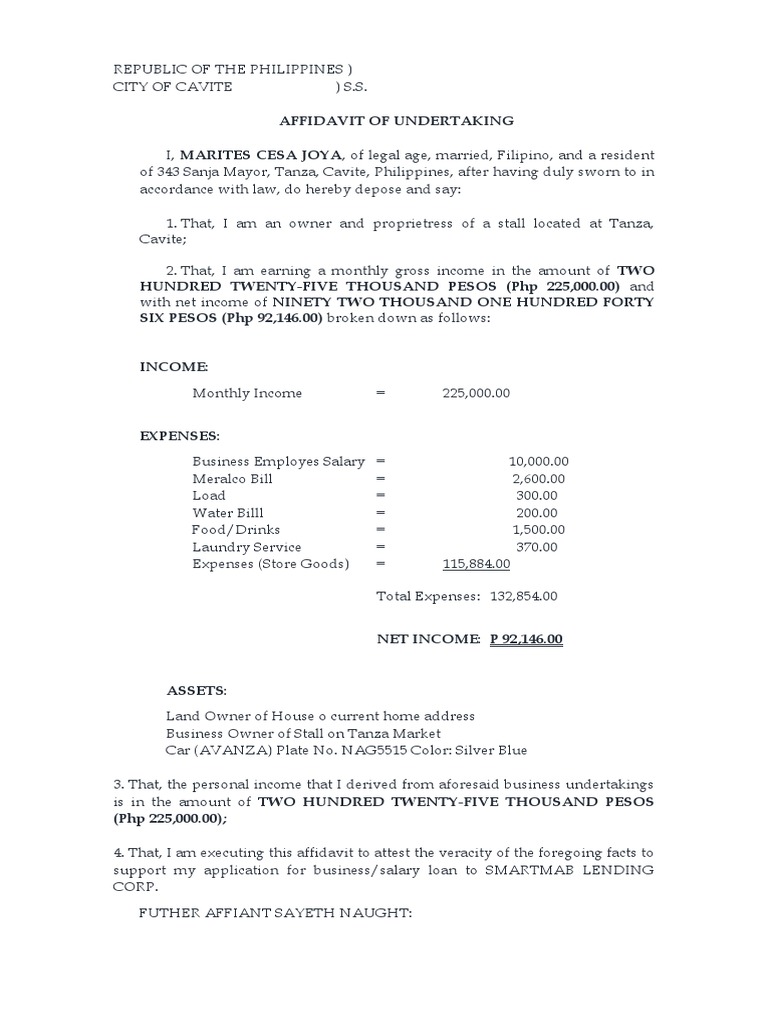Affidavit (Proof of Income) - Marites Joya | PDF