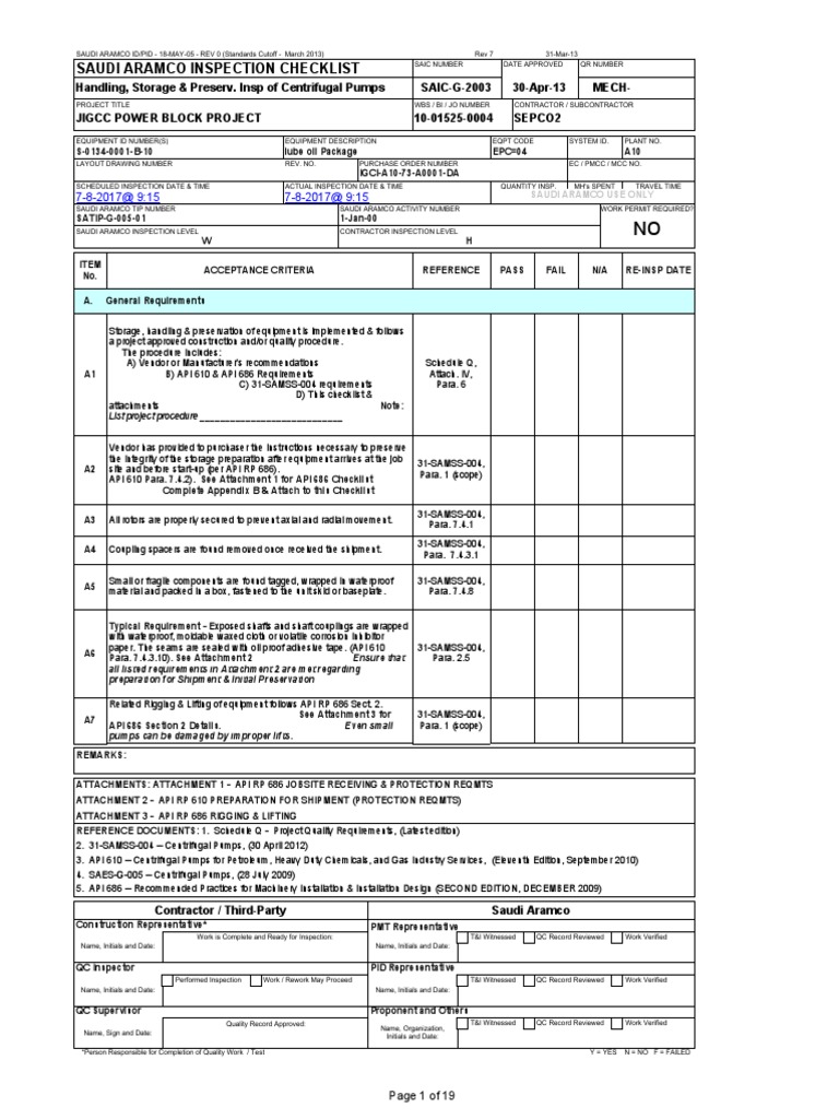 Saudi Aramco Inspection Checklist 6232 | PDF | Pump | Nature