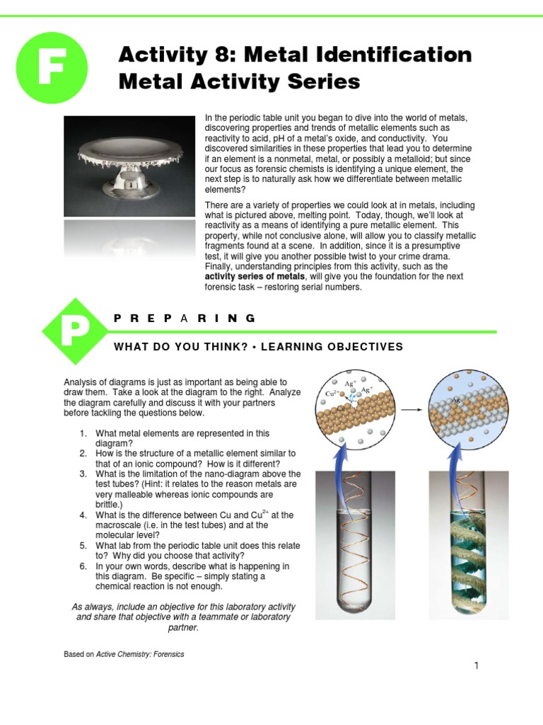 Activity 8: Metal Identification Metal Activity Series: Prep Aring ...