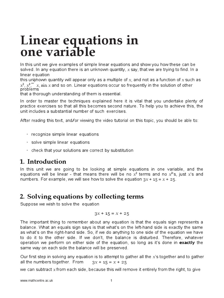 Linear Equations in One Variable: Exactly The | PDF
