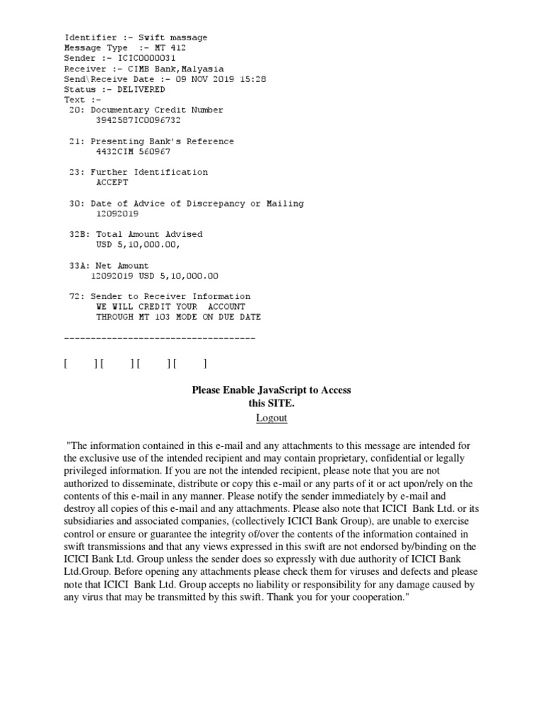 MT 412 Swift Message Details | PDF