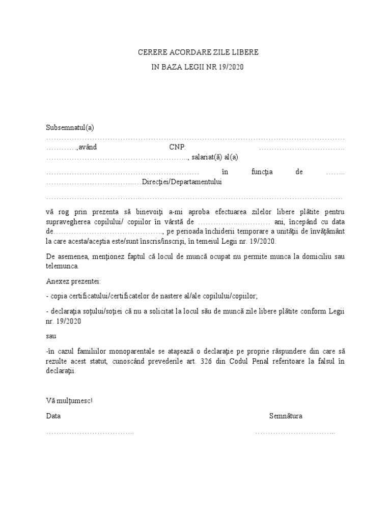 Model Cerere Acordare Zile Libere | PDF