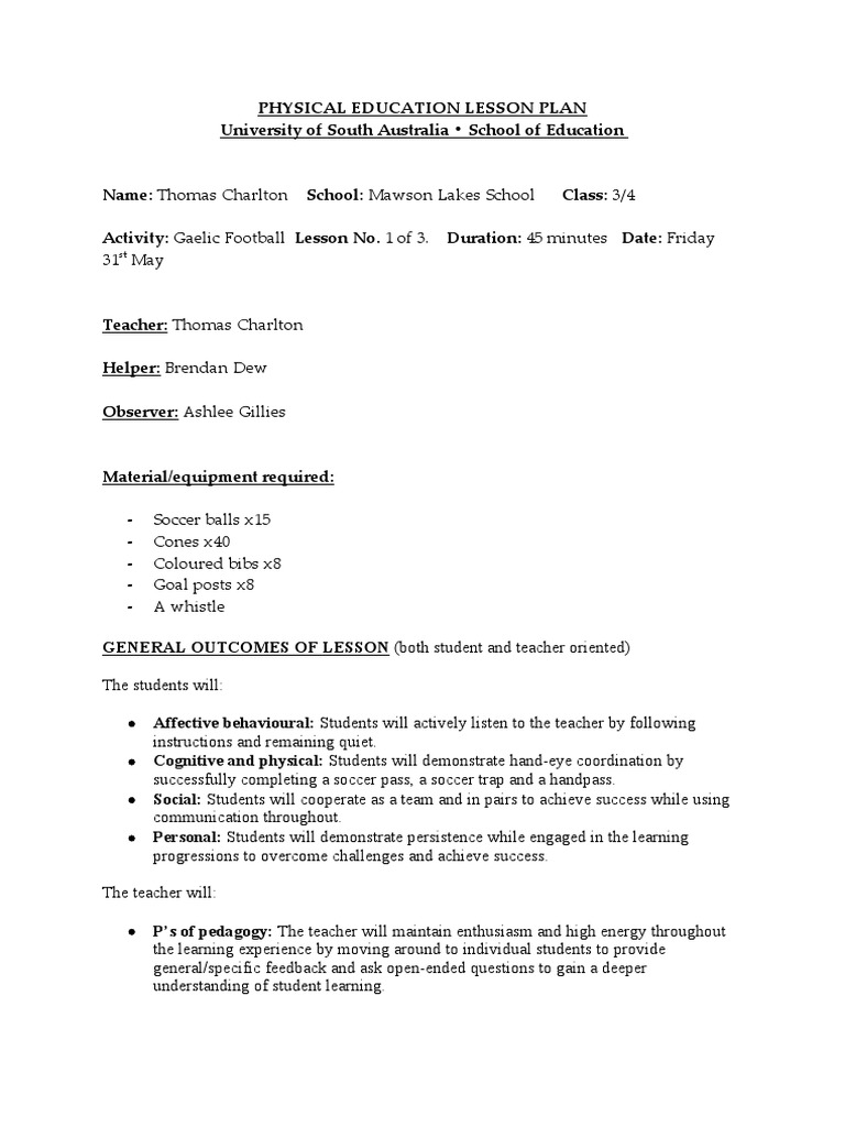 Physical Education Lesson Plan-4 | PDF | Teachers | Attention