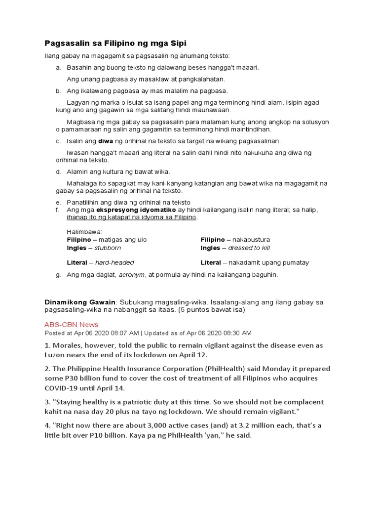 Pagsasalin Sa Filipino NG Mga Sipi | PDF