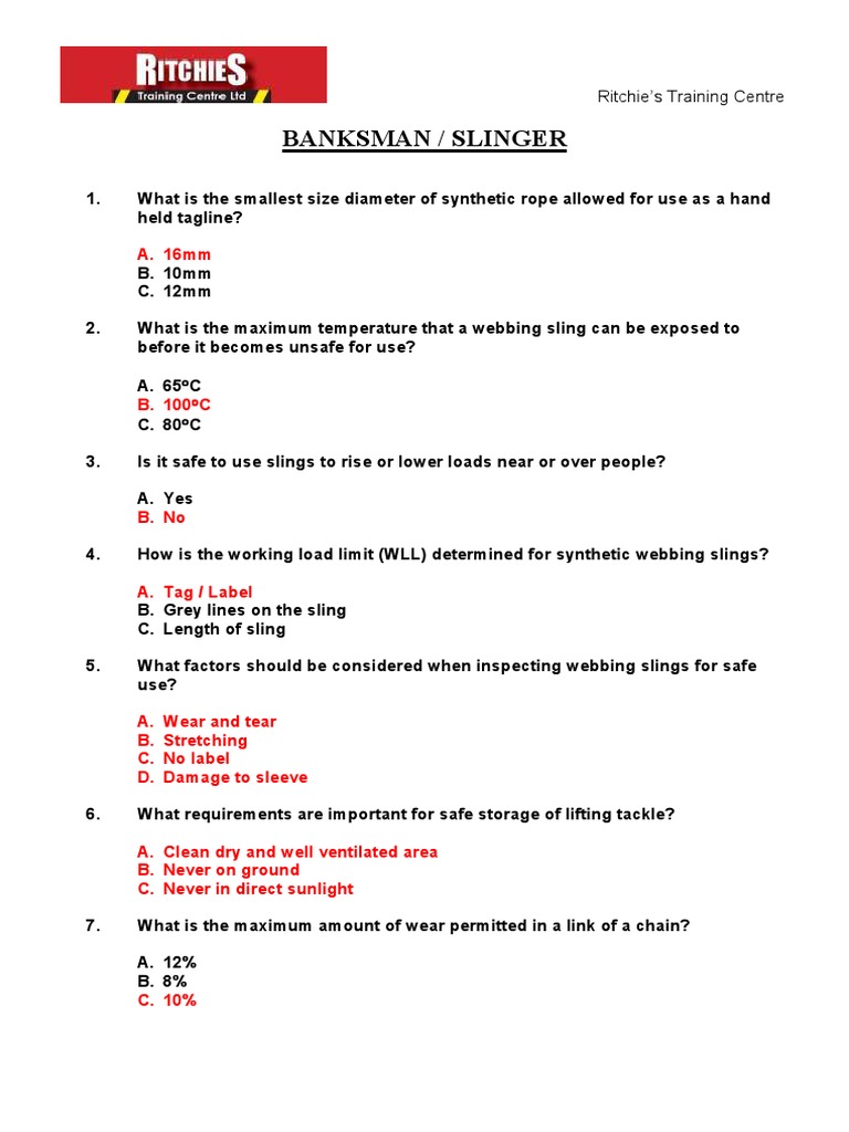 Banksman/Slinger Safety Quiz Answers | PDF | Crane (Machine) | Rope