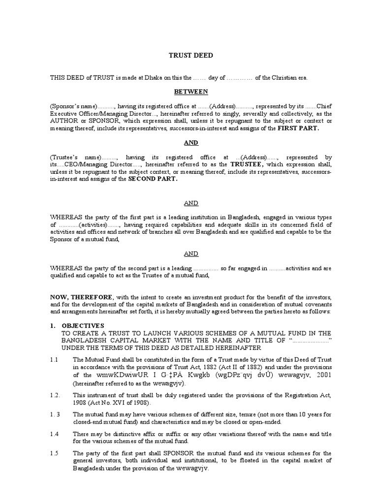 Trust Deed for Mutual Fund Creation | PDF | Securities (Finance ...