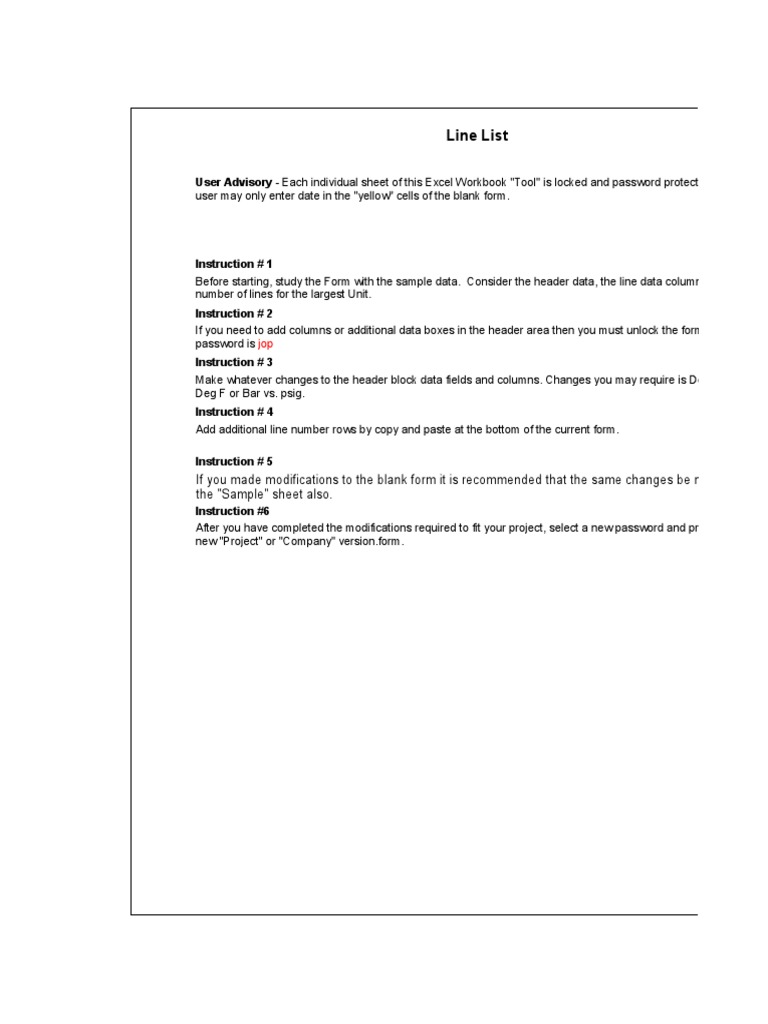 Piping Line List Instructions | PDF | Microsoft Excel | Computing