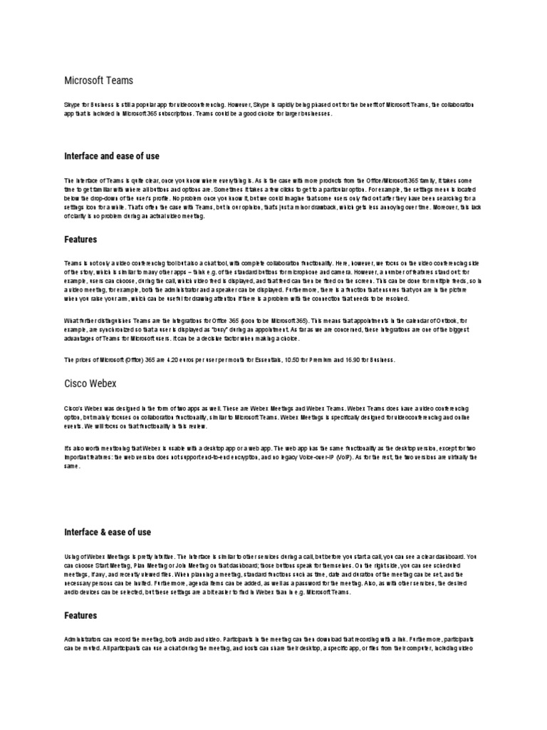 Microsoft Teams vs. Cisco Webex Review | PDF | Office 365 | Videotelephony