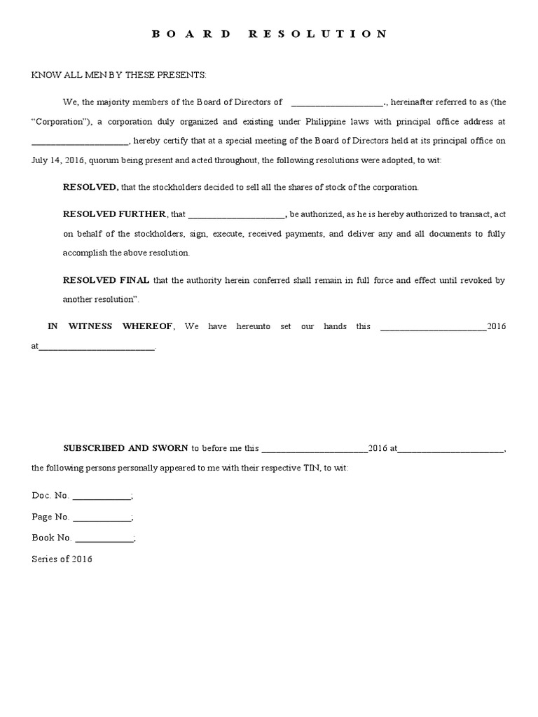 BOARD RESOLUTION - Sale of Stocks | PDF