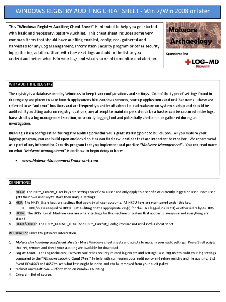 Windows Registry Auditing Cheat Sheet | PDF | Windows Registry ...