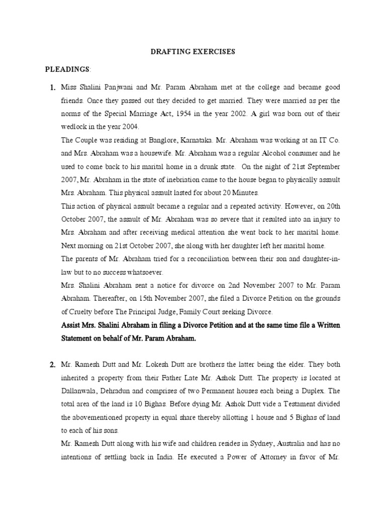 Drafting Exercises Pleadings | PDF | Divorce | Marriage