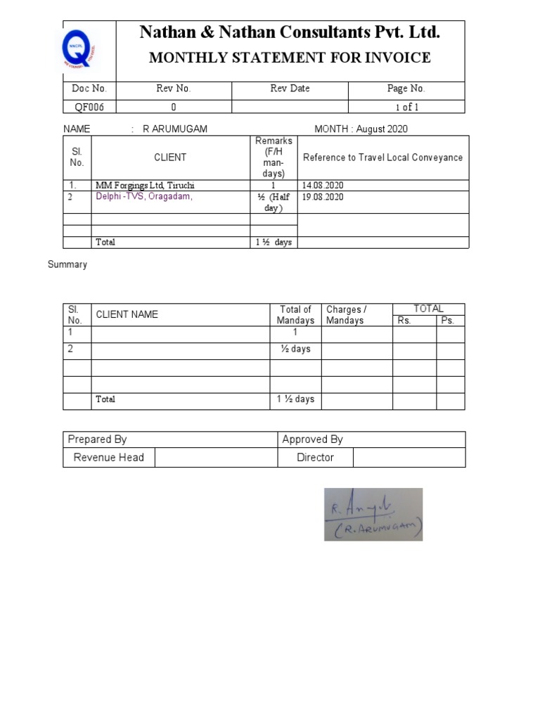 QF 006 August 2020 RA Monthly Statement For Invoicing | PDF
