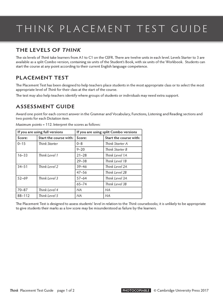 Think Placement Test Guide and Answer Key Final PDF | PDF | Pedagogy ...