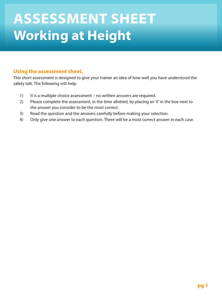 Working at Height: Assessment Sheet | PDF | Prevention | Safety