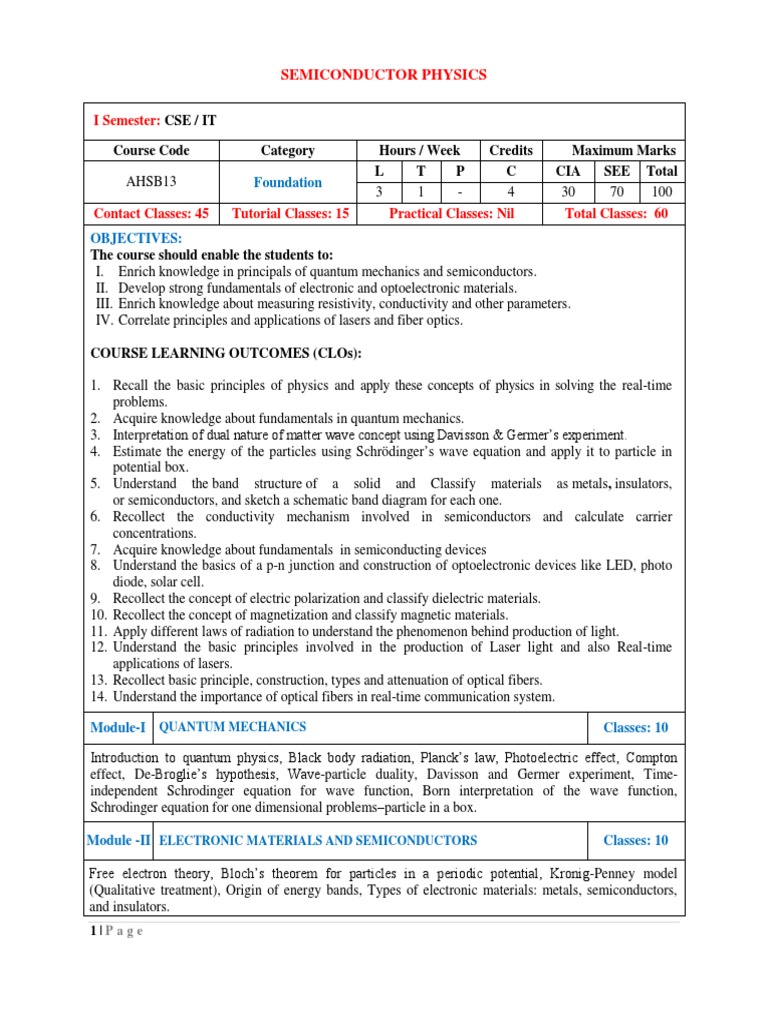 Semiconductor Physics: I Semester | PDF | Semiconductors | Laser