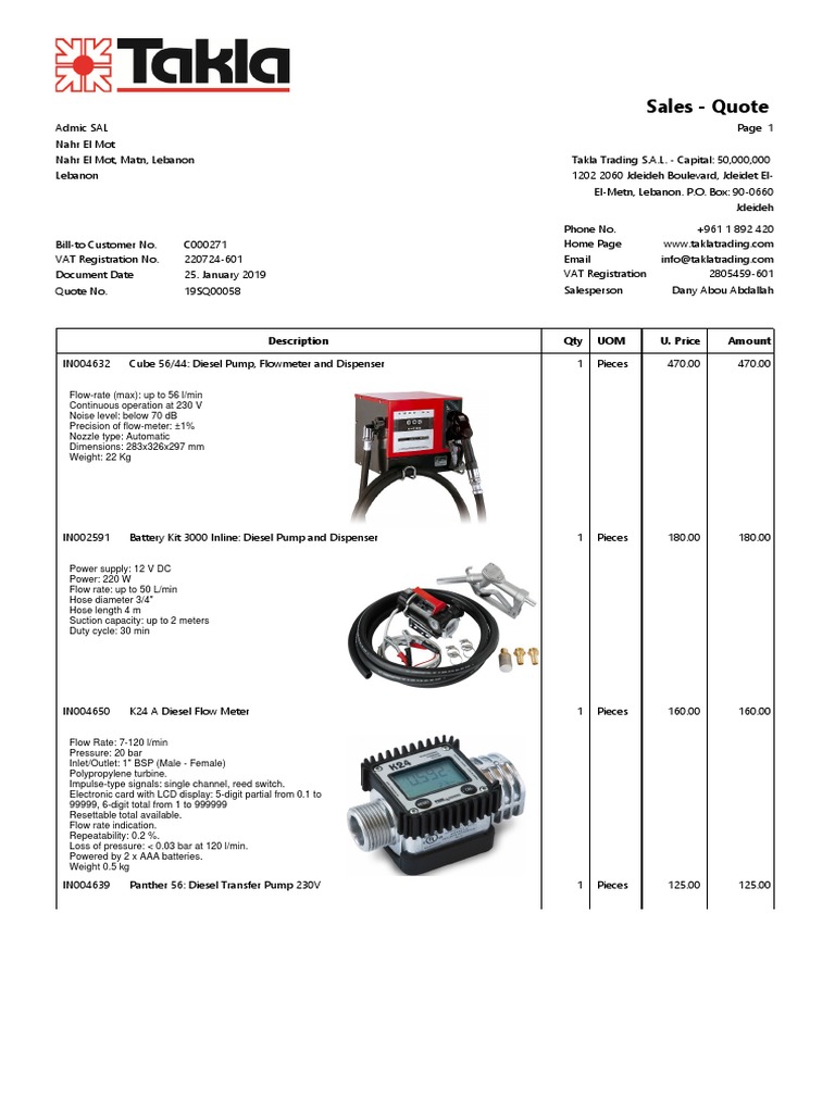 Diesel Pump and Flow Meter Quote | PDF | Flow Measurement | Energy ...