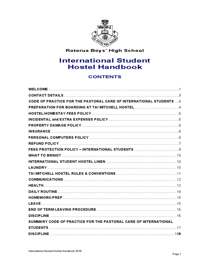 International Student Hostel Handbook: Rotorua Boys' High School | PDF | Boarding School | Fee