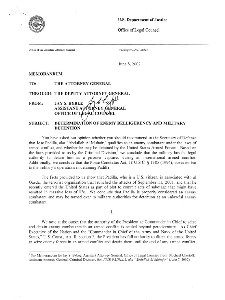 Legal Memo on Jose Padilla's Detention | PDF | Enemy Combatant ...