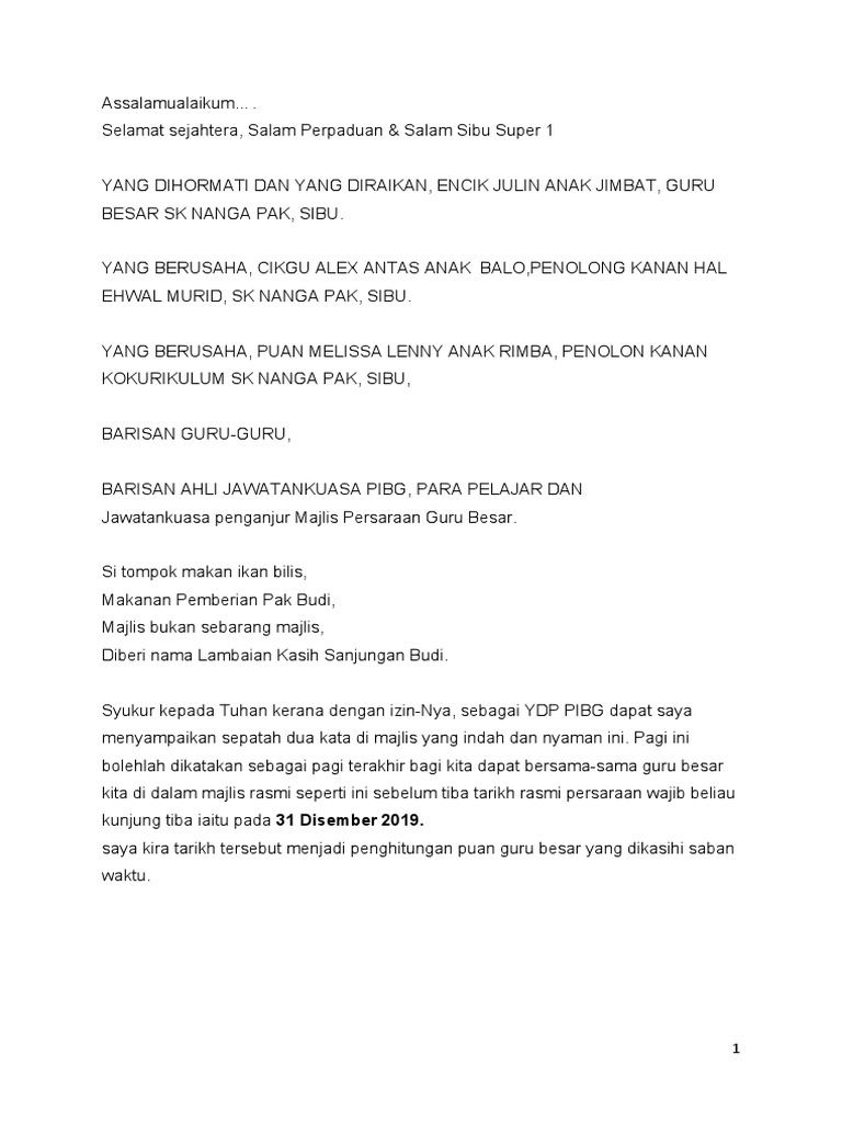 Ucapan Ydp Pibg Sempena Persaraan Guru Besar 56882dd317dd7 | PDF