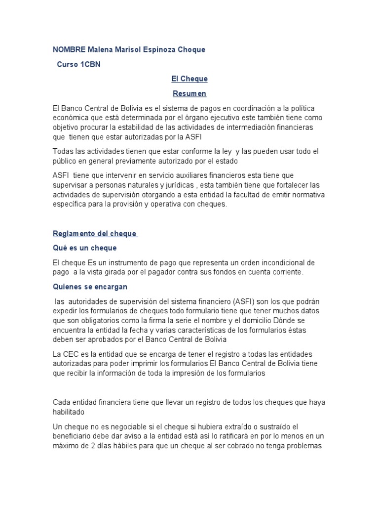 Normativa sobre Cheques en Bolivia | PDF | Cheque | Bancos centrales