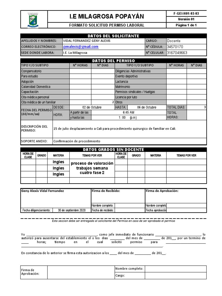Formato Permiso Laboral 300920 | PDF