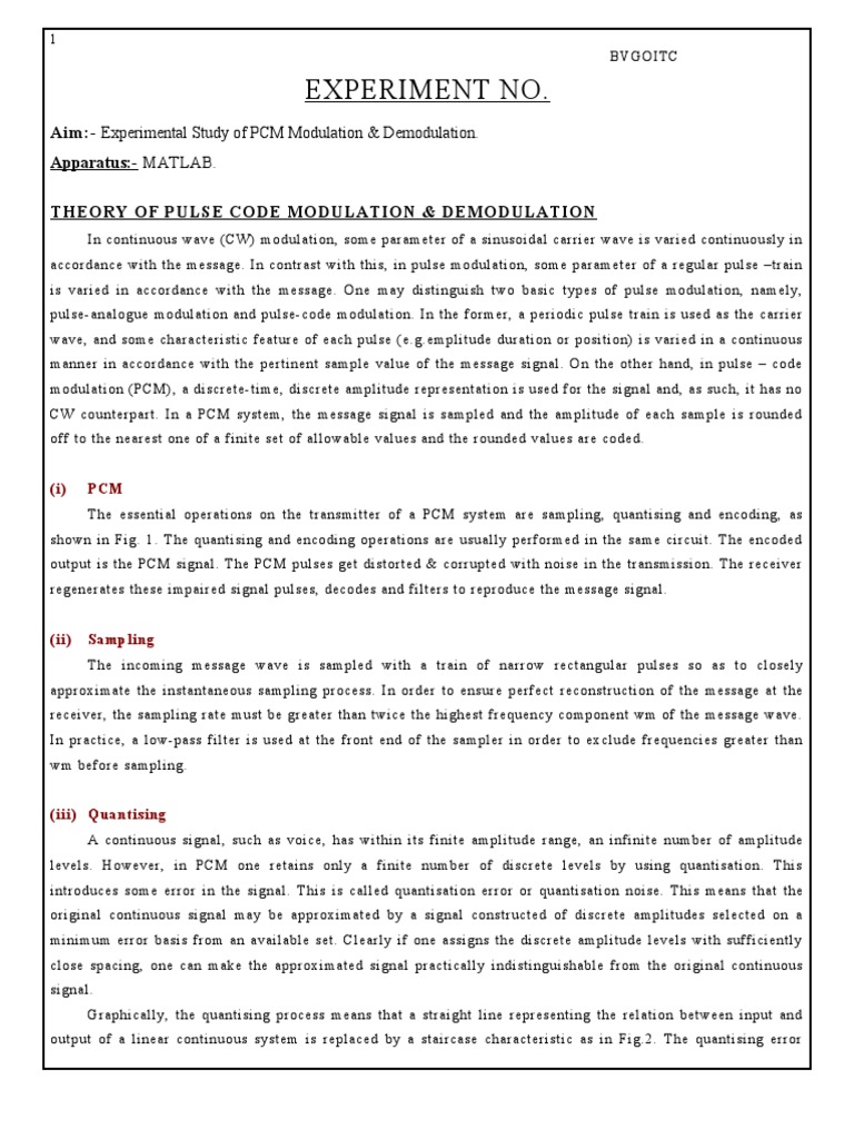 Experiment No.: Aim:-Apparatus: - MATLAB. Theory of Pulse Code ...