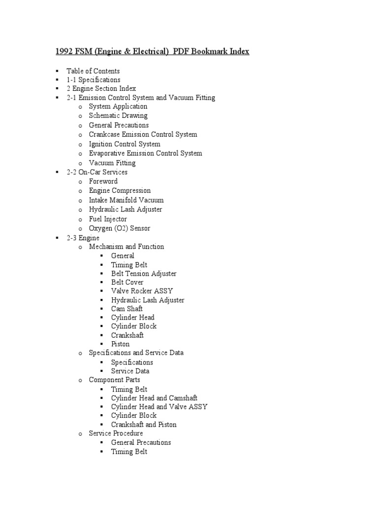 1992 FSM (Engine & Electrical) PDF Bookmark Index | PDF | Fuel ...