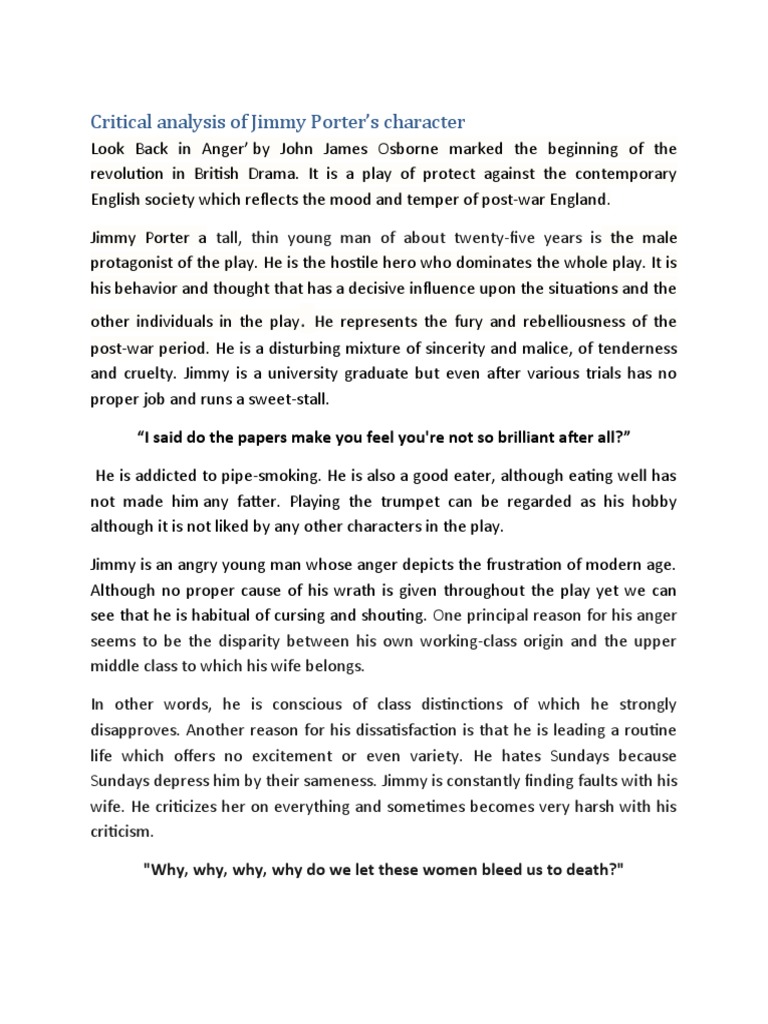 Critical Analysis of Jimmy Porter | PDF | Anger